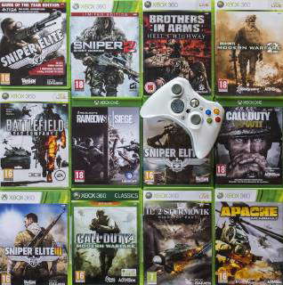 Controller and collection of violent first person shooter video games for Xbox 360 and Xbox One